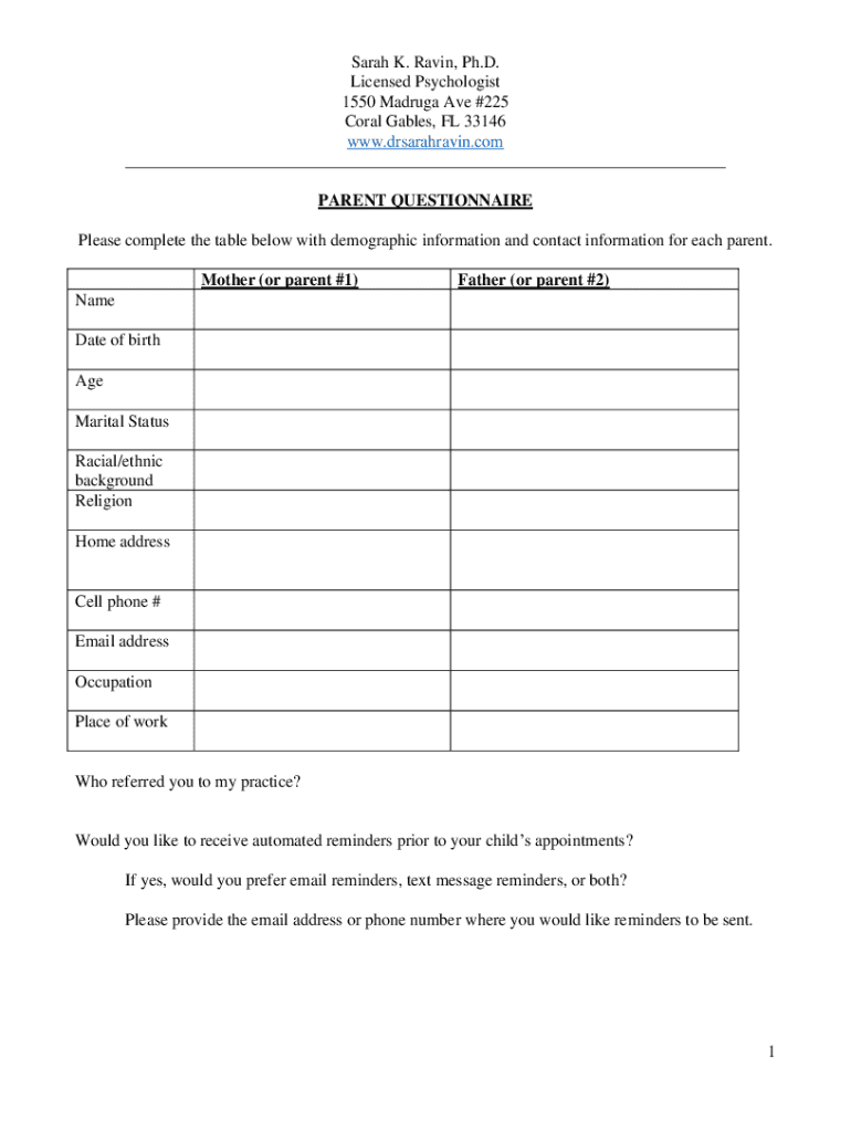 Fillable Online PARENT HISTORY FORM Fax Email Print - pdfFiller