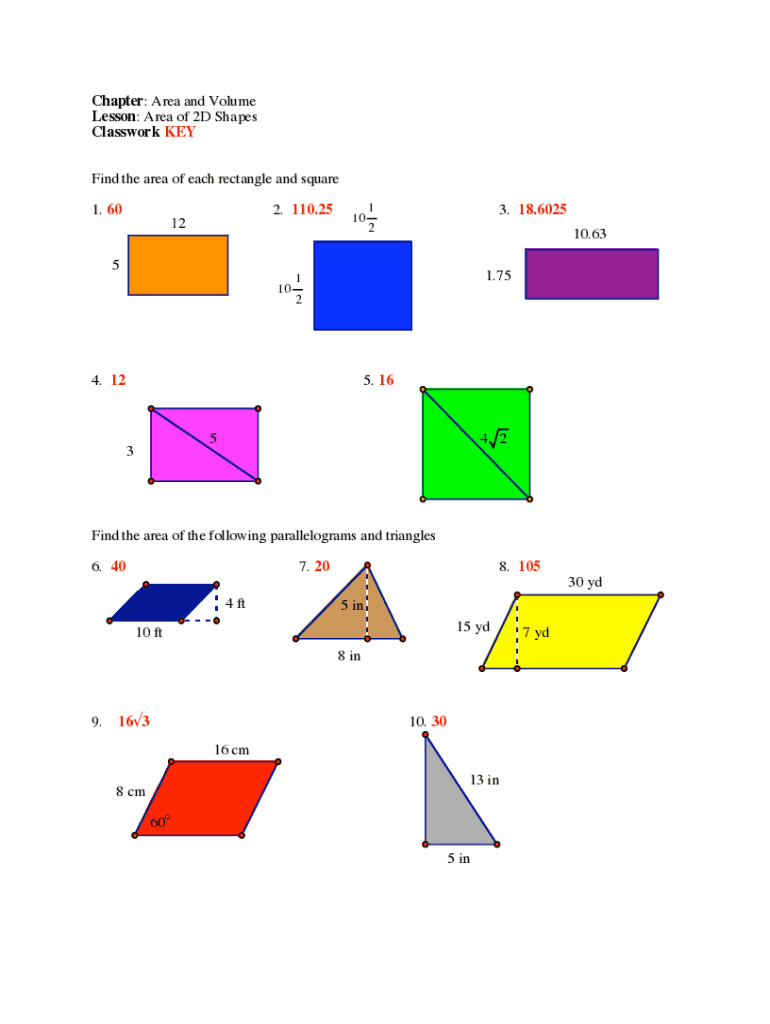 Fillable Online Area and Volume Lesson: Area of 2D Shapes Classwork KEY ...