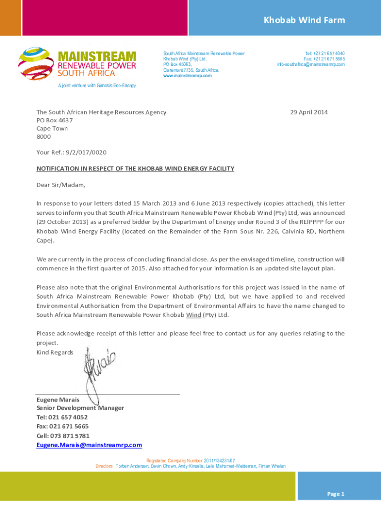 Fillable Online Khobab Wind Farm (rf) (pty) Ltd - South African Wind ...