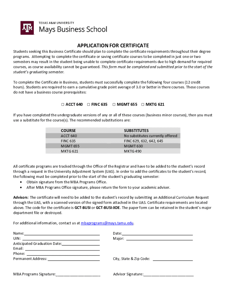 Fillable Online mays tamu APPLICATION FOR CERTIFICATE Fax Email Print - pdfFiller