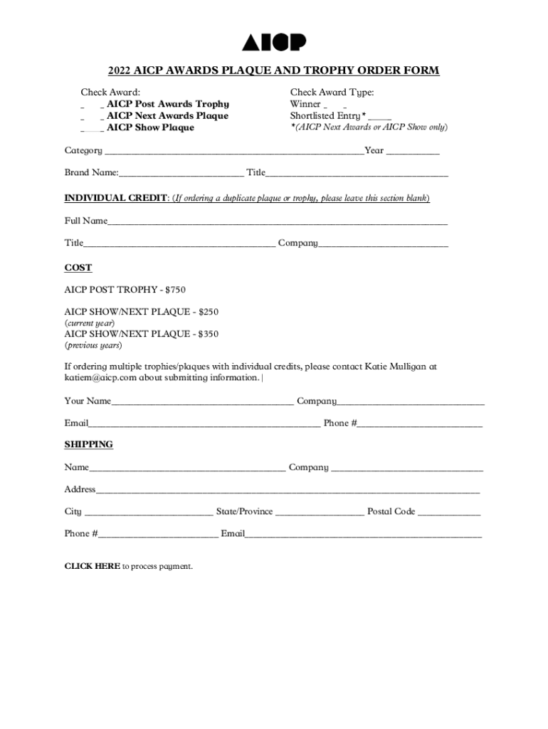 Fillable Online AICP Awards Plaque and Trophy Custom Order Fax Email ...