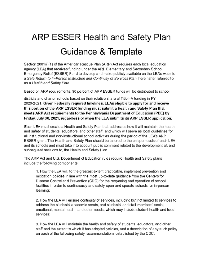 Fillable Online PHP ARP ESSER Health and Safety Plan Guidance and ...
