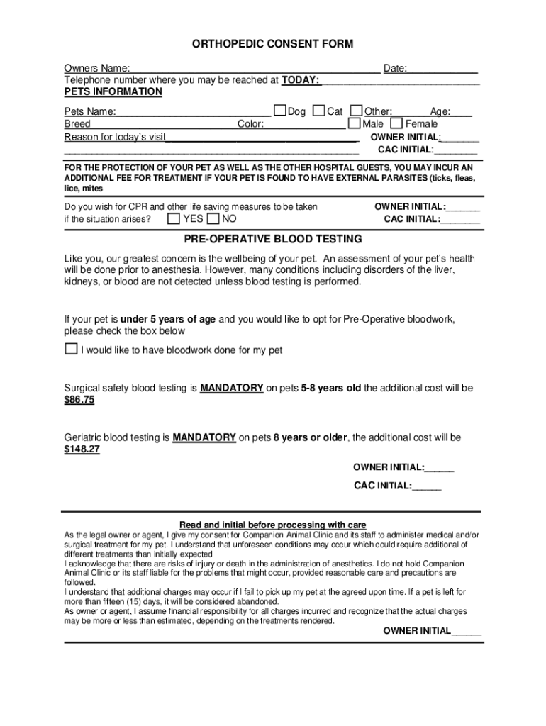 Fillable Online Orthopedic Consent Form - Yakima - Companion Animal Clinic Fax Email Print ...