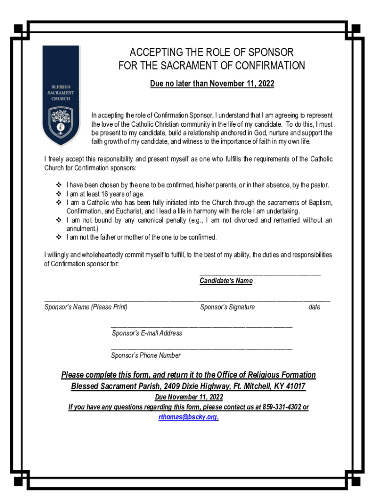 Fillable Online The Role and Responsibilities of a Confirmation Sponsor ...