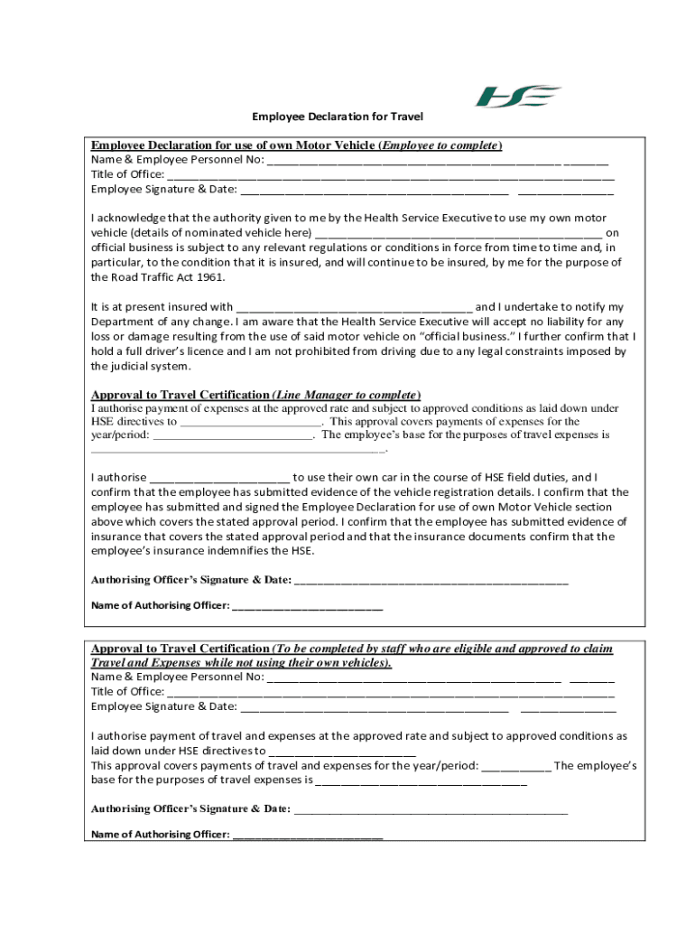 Fillable Online Employee Declaration for use of own Motor Vehicle ...