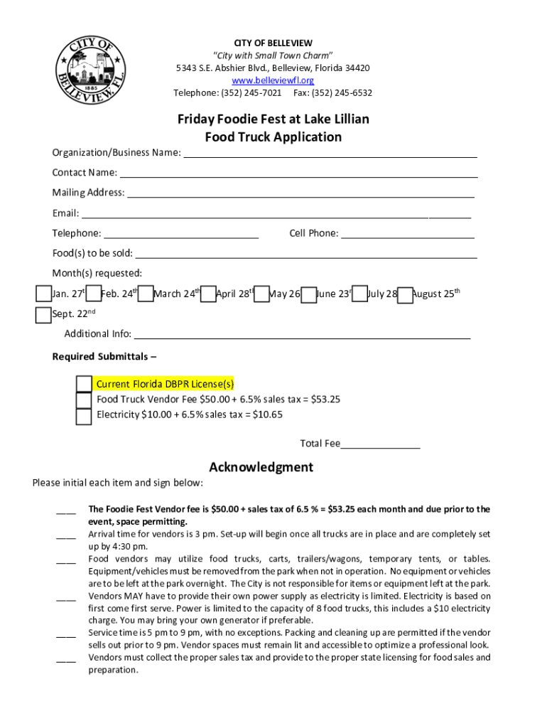 Fillable Online Friday Foodie Fest at Lake Lillian Food Truck Application - Belleview ... Fax ...