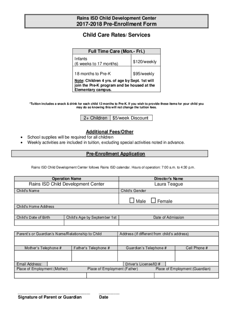 Fillable Online 2017-2018 Pre-Enrollment Form Child Care Rates ...