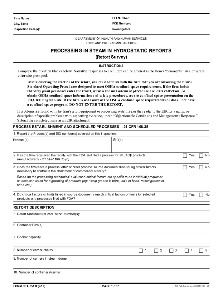 Fillable Online FORM FDA 3511f. PROCESSING IN STEAM IN HYDROSTATIC ...