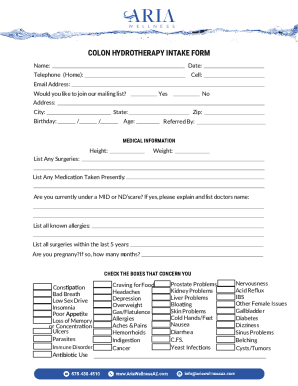 Fillable Online Colon Hydrotherapy Intake Form - Aria Wellness Fax Email Print - pdfFiller
