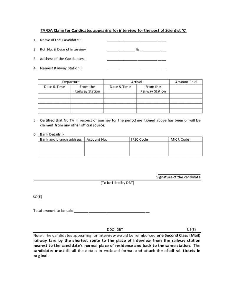 Fillable Online TA/DA Claim for Candidates appearing for interview for ...