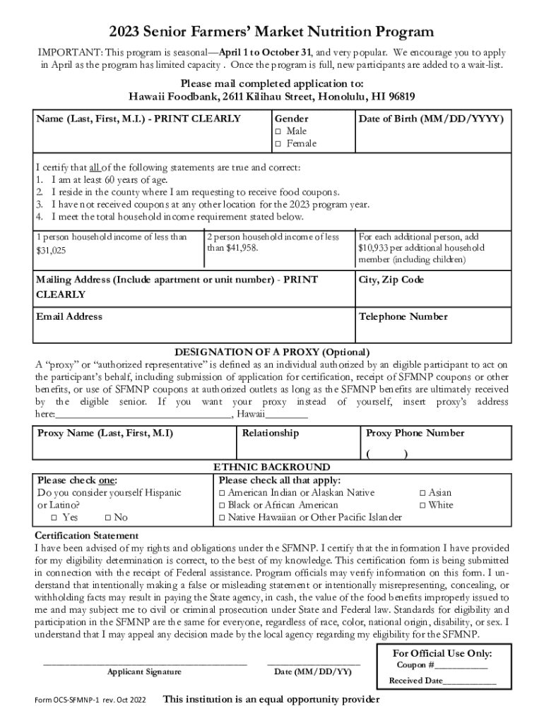 Fillable Online Senior Farmers' Market Nutrition Program Benefits to ...