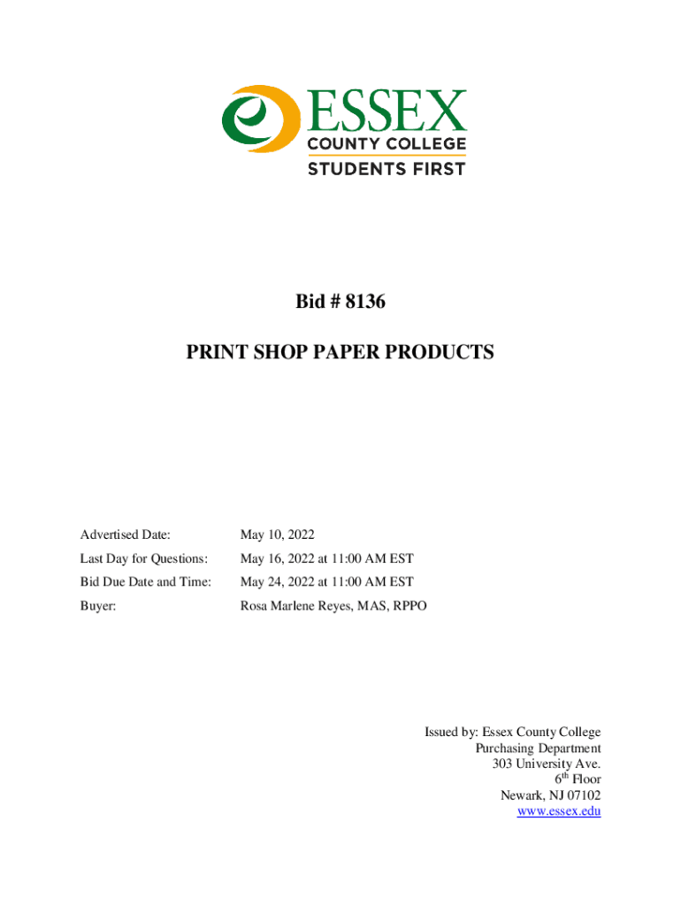 Fillable Online Bid # 8136 PRINT SHOP PAPER PRODUCTS Fax Email Print ...