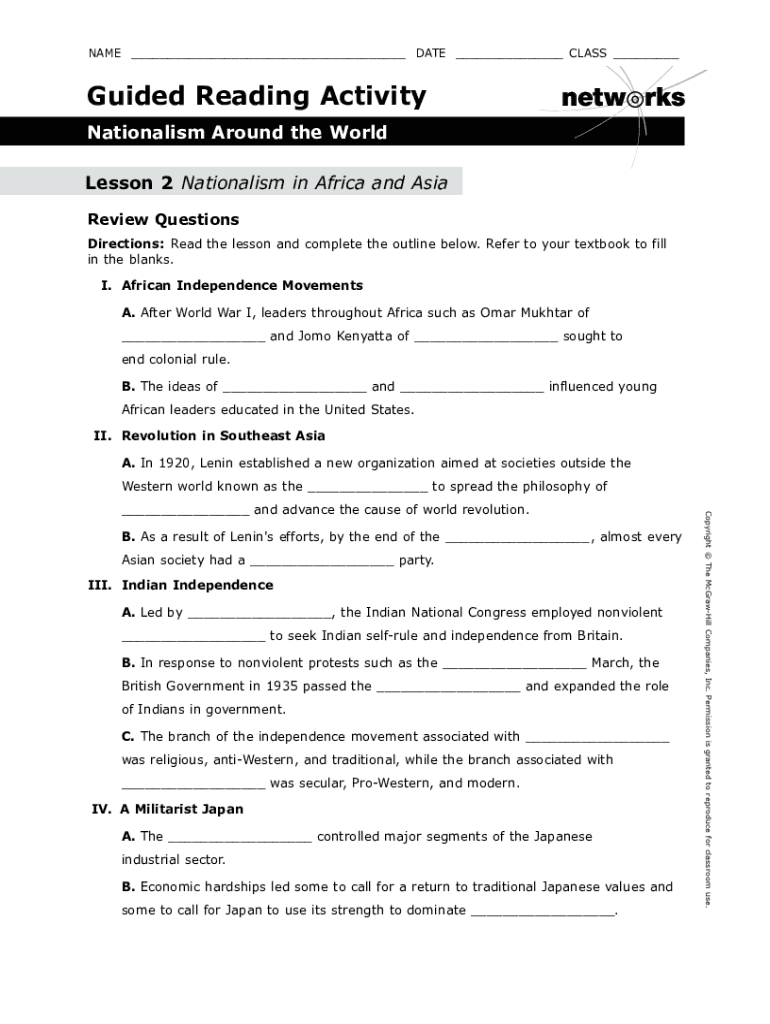 Fillable Online Guided Reading Activity: Nationalism in Africa and Asia ...