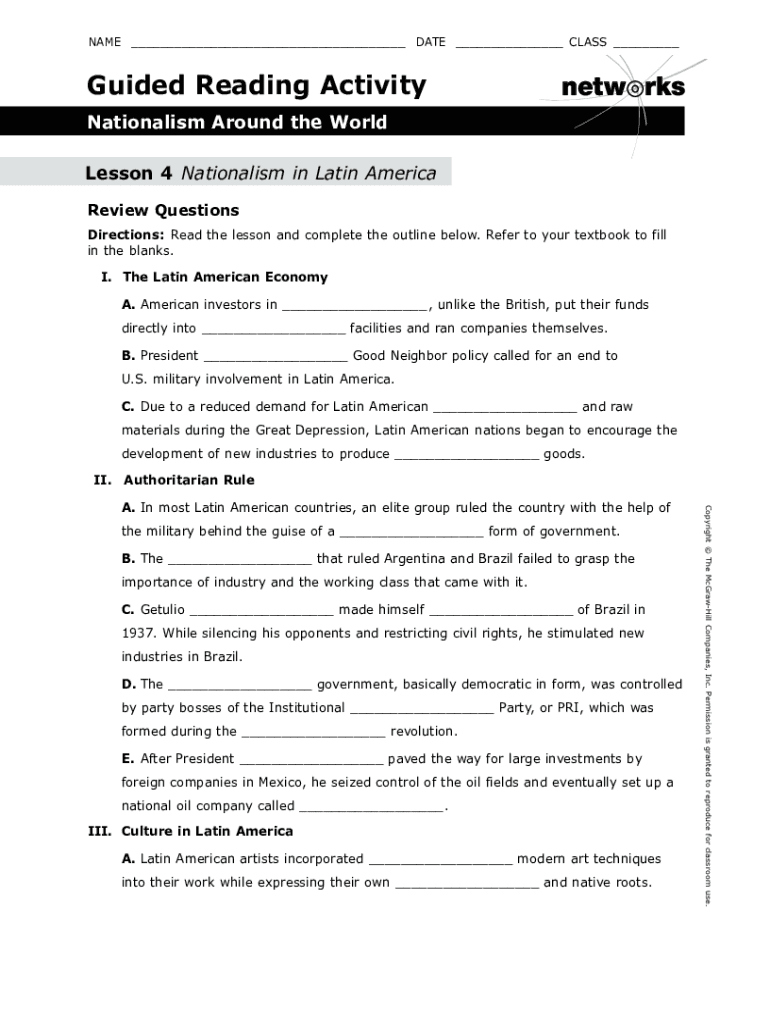 Fillable Online Guided Reading Activity: Nationalism in Latin America ...