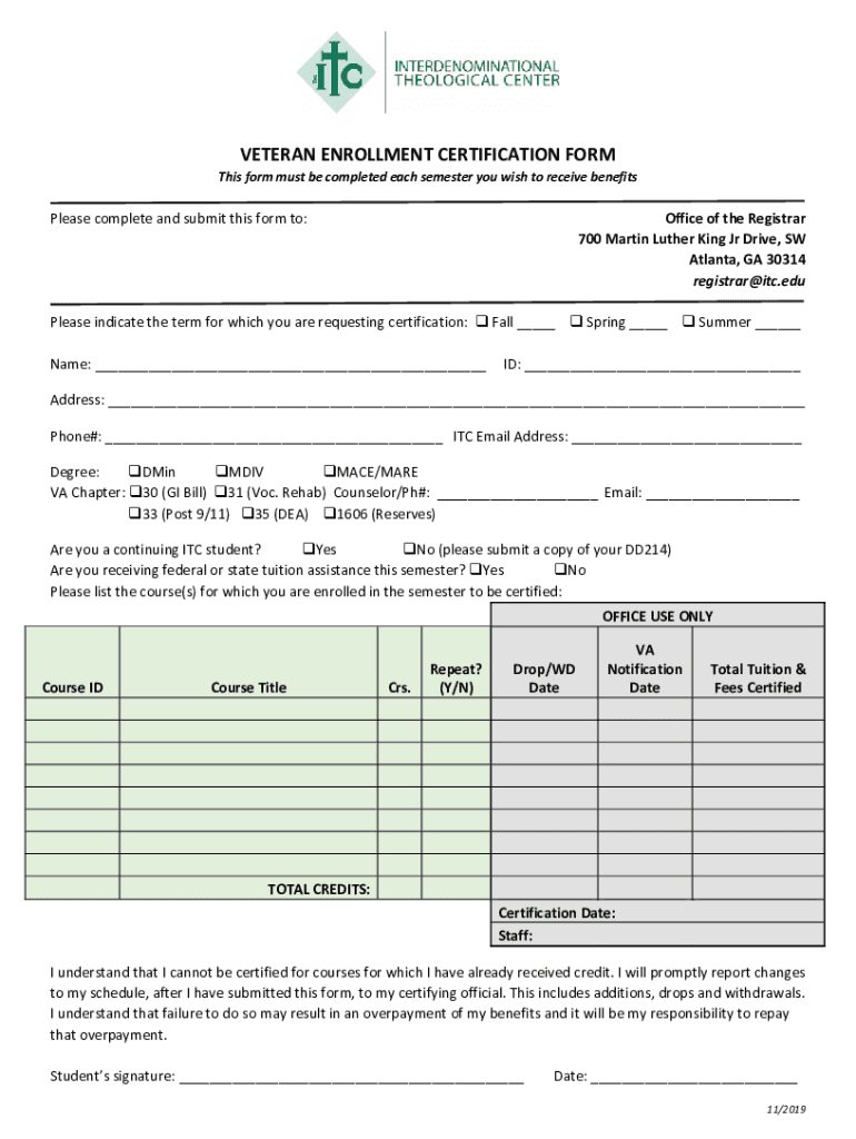 Fillable Online Veteran Enrollment Certification Form 11132019 (1) Fax Email Print - pdfFiller