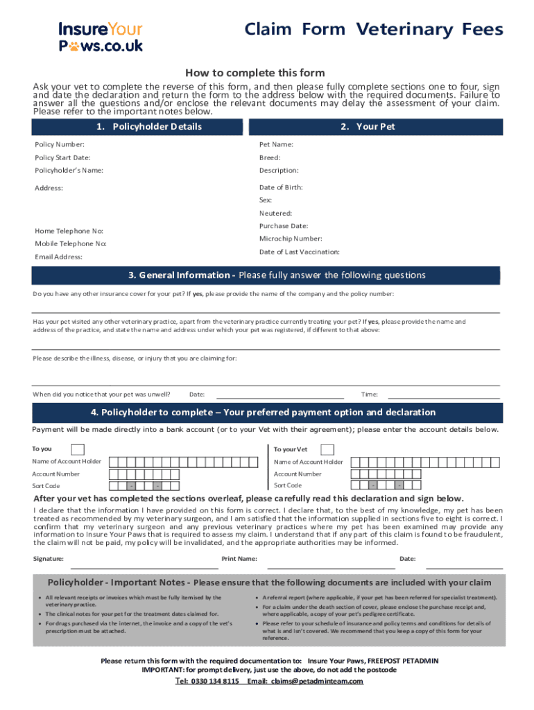 Fillable Online Claim Form Veterinary Fees Fax Email Print - pdfFiller