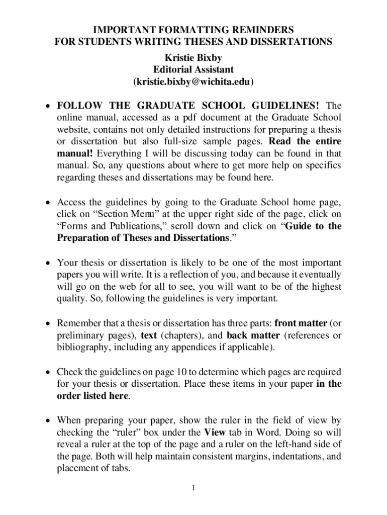 Fillable Online Important Formatting Reminders for Students Writing ...