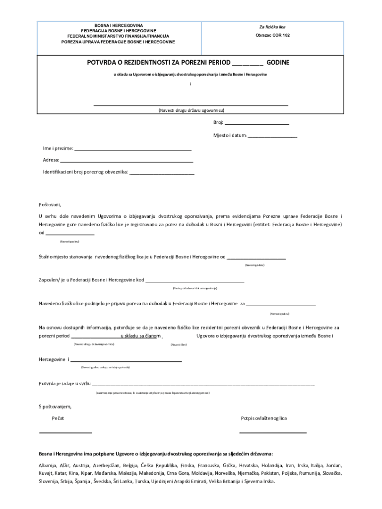 Fillable Online POTVRDA O REZIDENTNOSTI ZA POREZNI PERIOD Fax Email ...