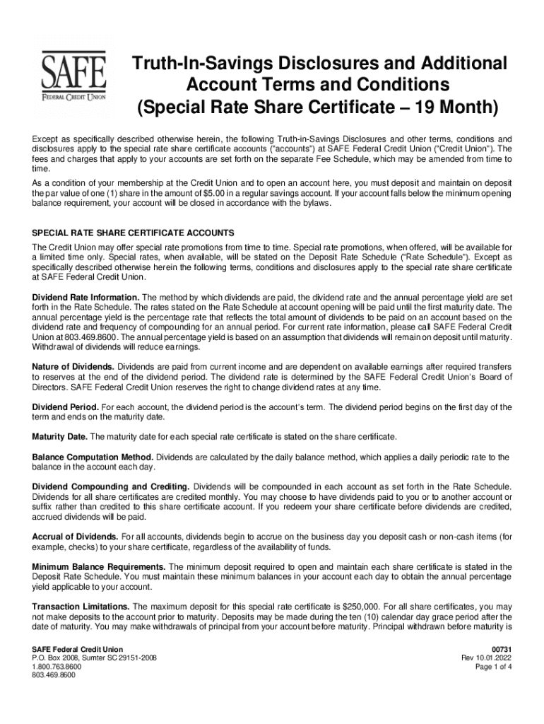 Fillable Online SAFE Federal Credit Union Consumer 19 Month Special ...