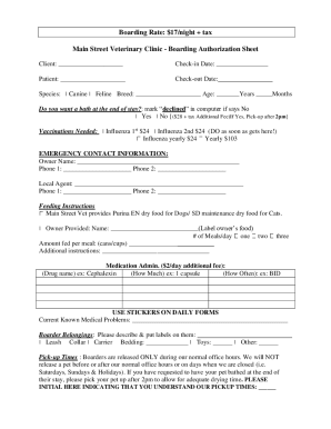 Fillable Online Main Street Veterinary Clinic - Boarding Authorization ...