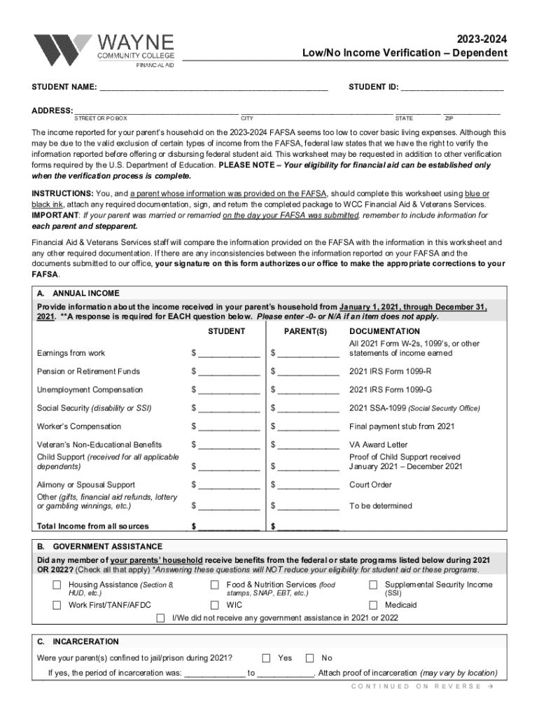 Fillable Online Low/No Income Verification Dependent Fax Email Print ...