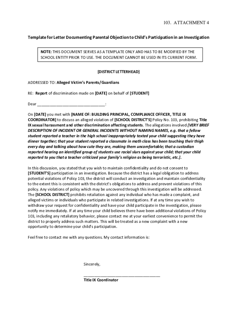 Fillable Online 103 (Attachment 4) Template for Letter for Objection to ...