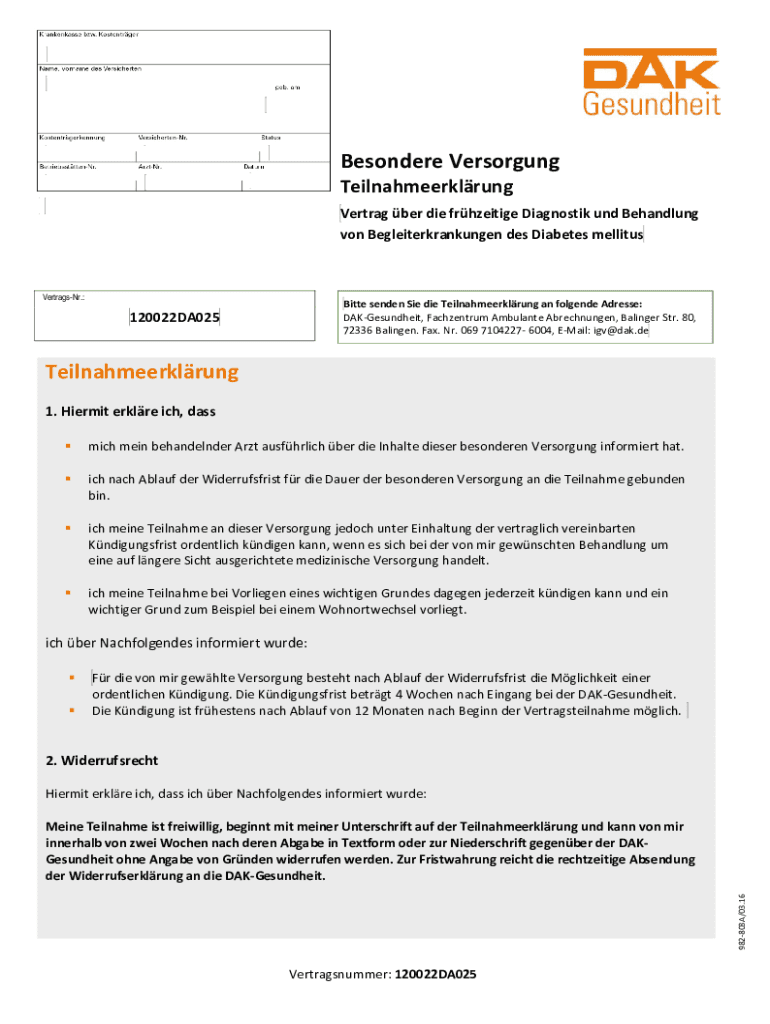 Ausfüllbar Online Vertrag ber die frhzeitige Diagnostik und Behandlung ... Fax Email Drucken ...
