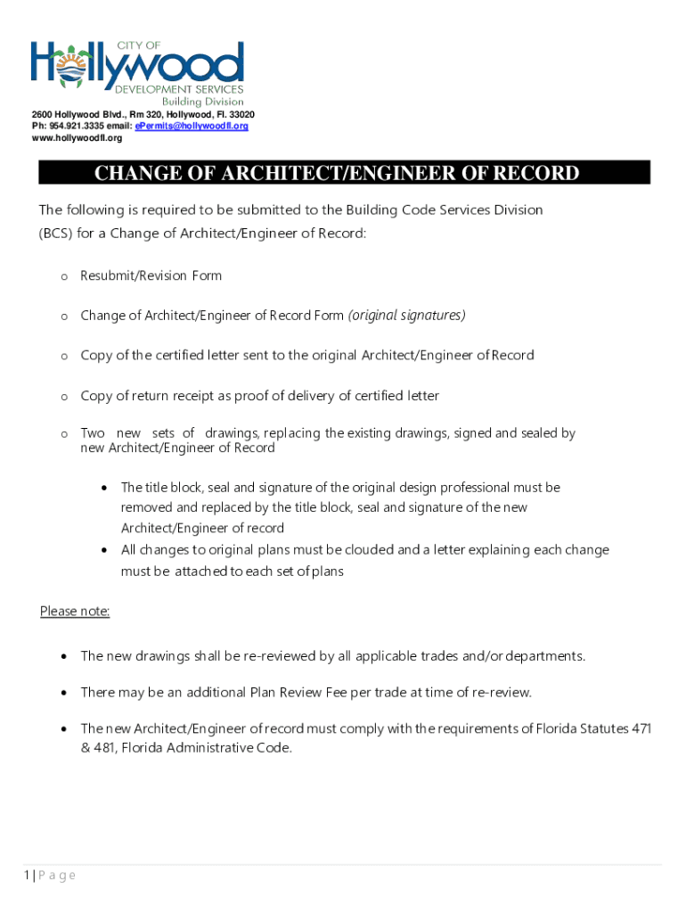 Fillable Online Change of Architect/Engineer of Record Fax Email Print - pdfFiller
