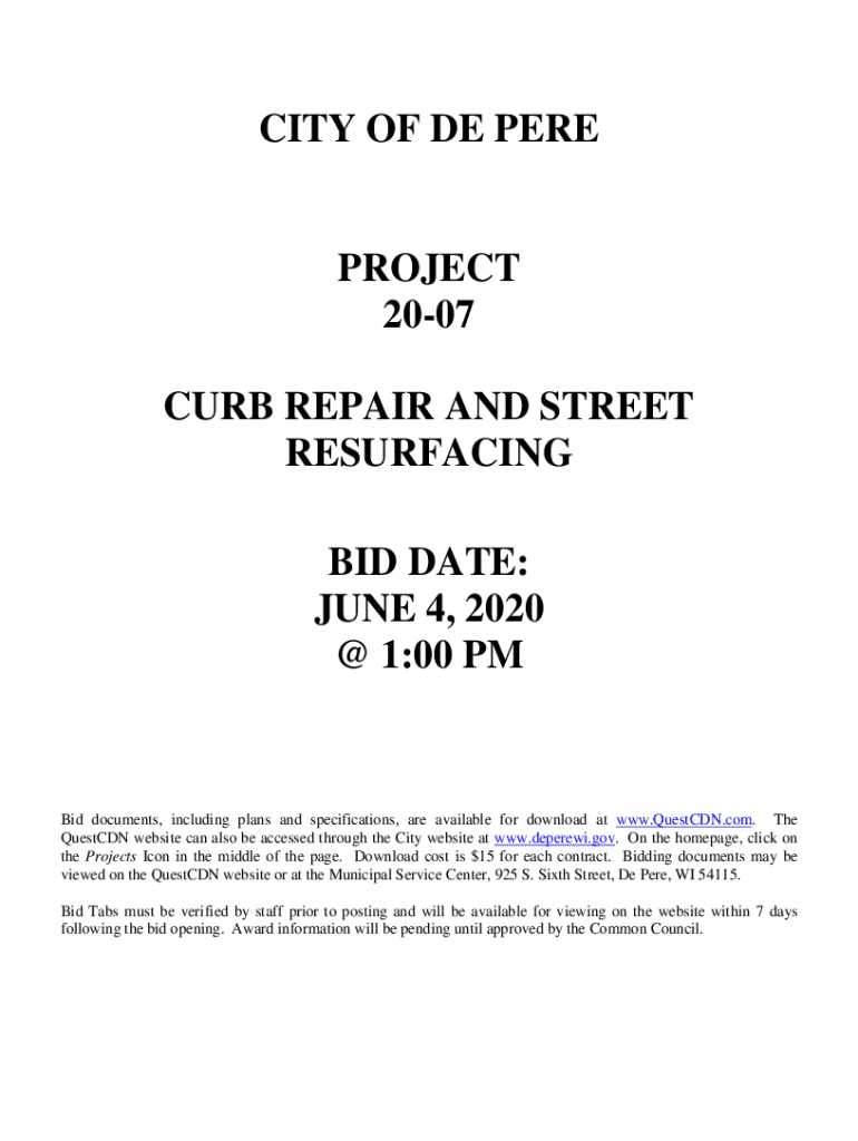 Fillable Online city of de pere project 20-07 curb repair and street ...