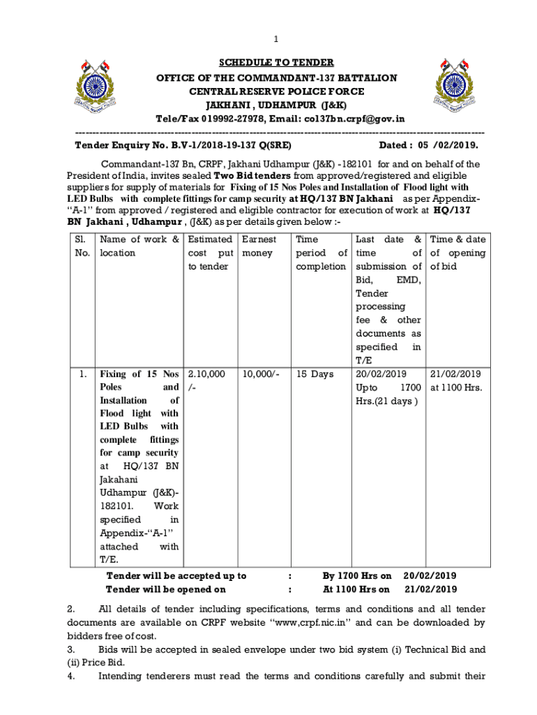 Fillable Online crpf gov Central Reserve Police Force Tenders ... Fax ...