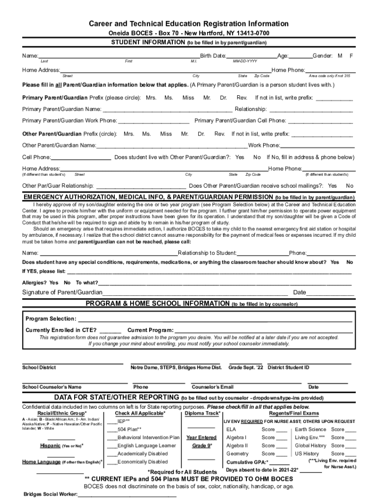 Fillable Online WEMOCO Student Enrollment Form Career and Technical ...