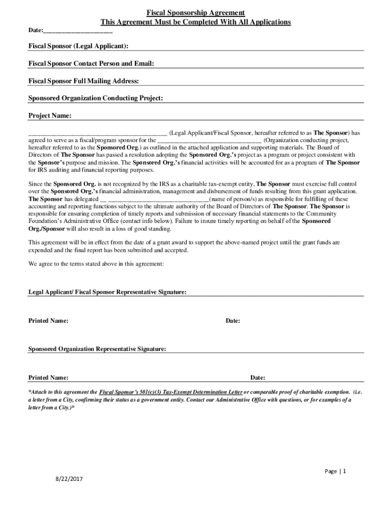 Fillable Online Fiscal Sponsor Agreements SAMPLES Fax Email Print ... Fillable Online Fiscal Sponsor Agreements SAMPLES Fax Email Print ...