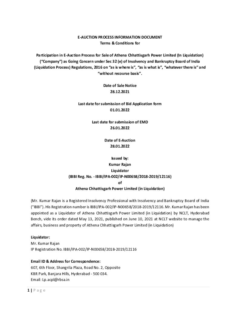 Fillable Online E-AUCTION PROCESS INFORMATION DOCUMENT (B Definition ...