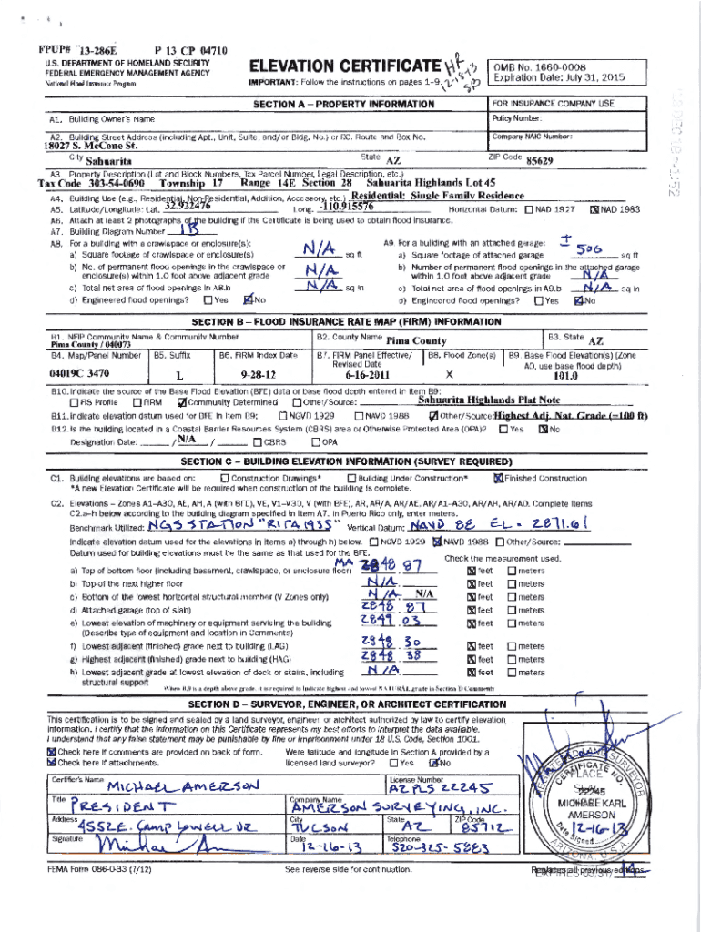 Fillable Online rfcd pima ELEVATION CERTIFICATE"''? z Fax Email Print ...
