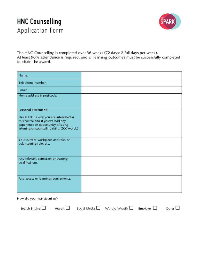 Fillable Online HNC Counselling Application Form Fax Email Print ...