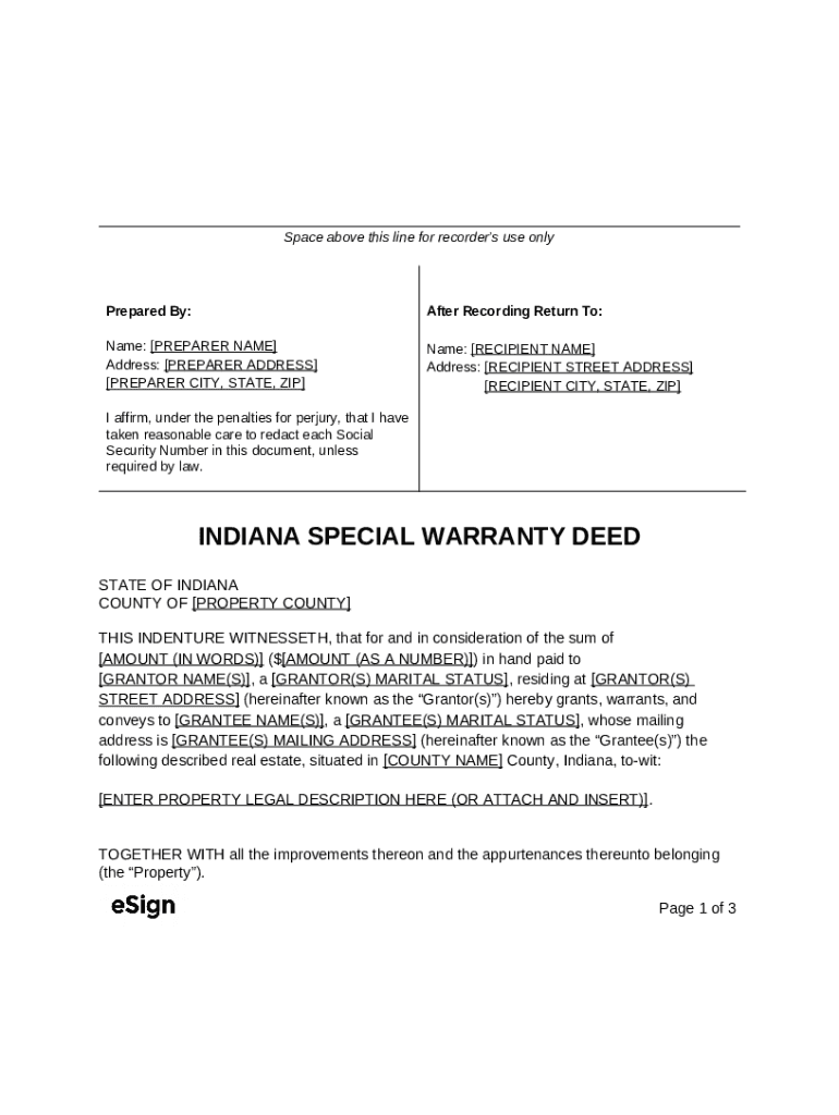 Indiana Special Warranty Deed Doc Template | pdfFiller