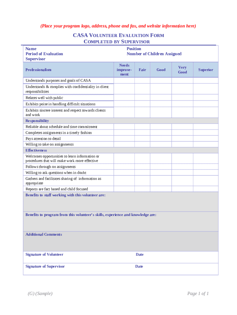 casa volunteer evaluation completed by supervisor Doc Template | pdfFiller