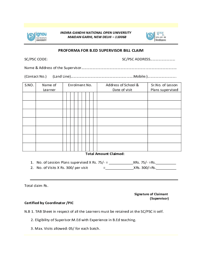 Fillable Online PROFORMA FOR B.ED SUPERVISOR BILL CLAIM Fax Email Print ...