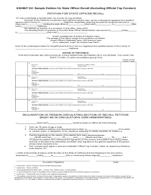Fillable Online Exhibit D2 Sample Petition for State Officer Recall Excluding Official Top ...