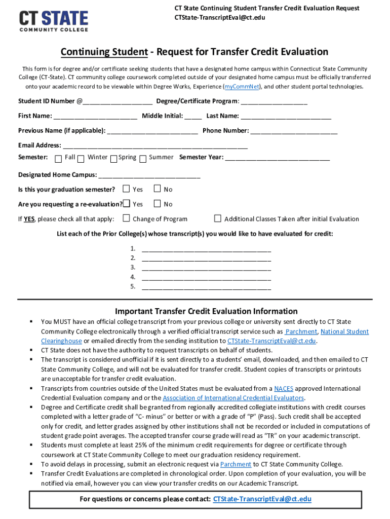 Fillable Online Continuing Student - Request for Transfer Credit Evaluation Fax Email Print ...