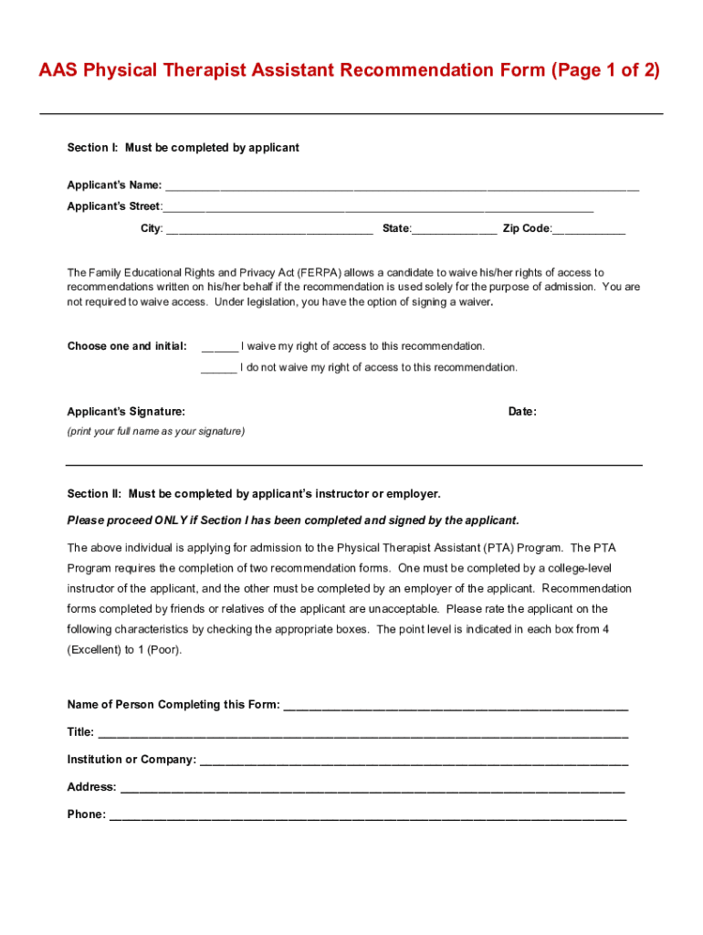 Fillable Online AAS Physical Therapist Assistant Recommendation Form ...