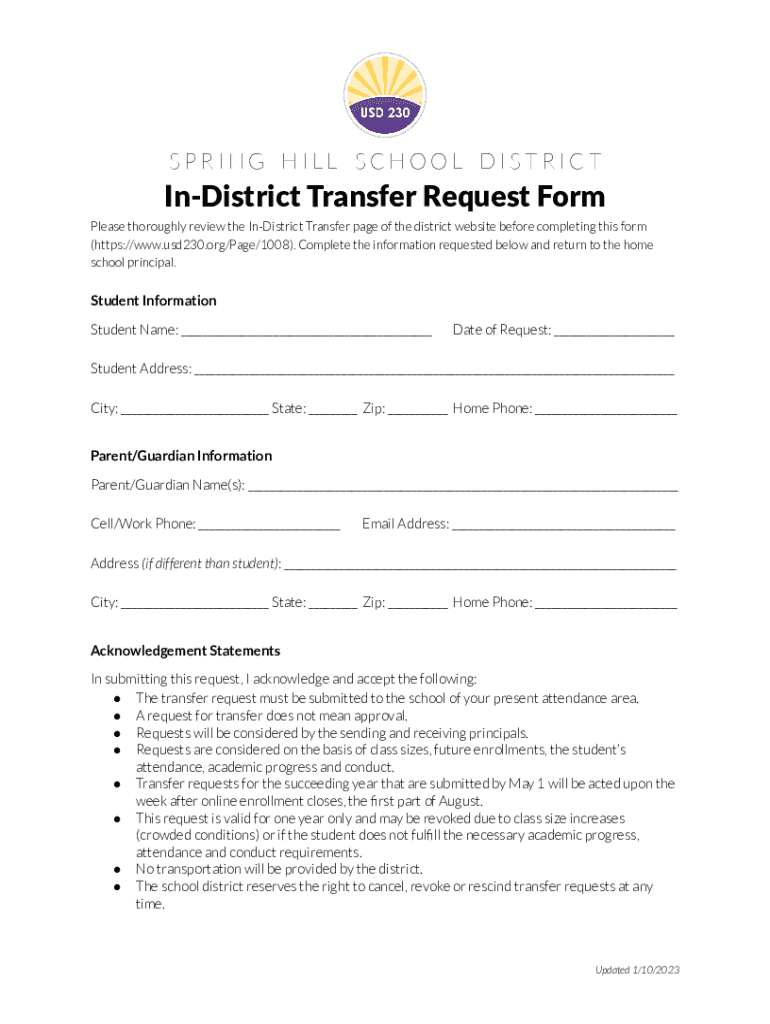 Fillable Online In-District Transfer Request Form Fax Email Print - pdfFiller