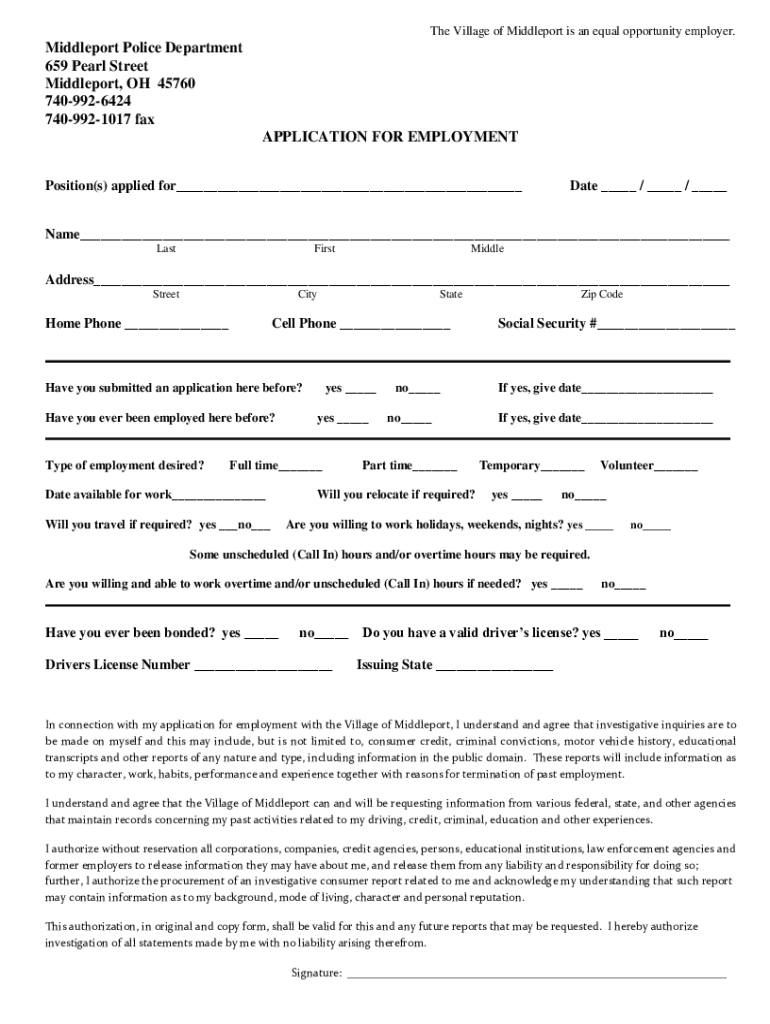 Fillable Online Application for employment - Police Department Fax ...