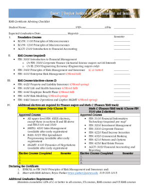 Fillable Online RMI Certificate Advising Checklist Student Name: : Expe ...