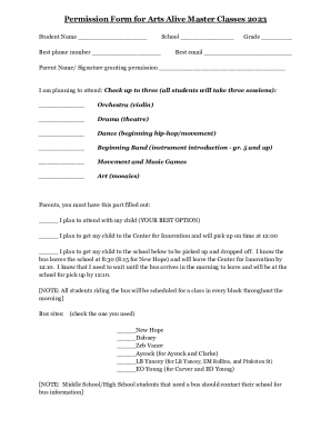 Fillable Online Permission Form for Arts Alive Master Classes Fax Email ...