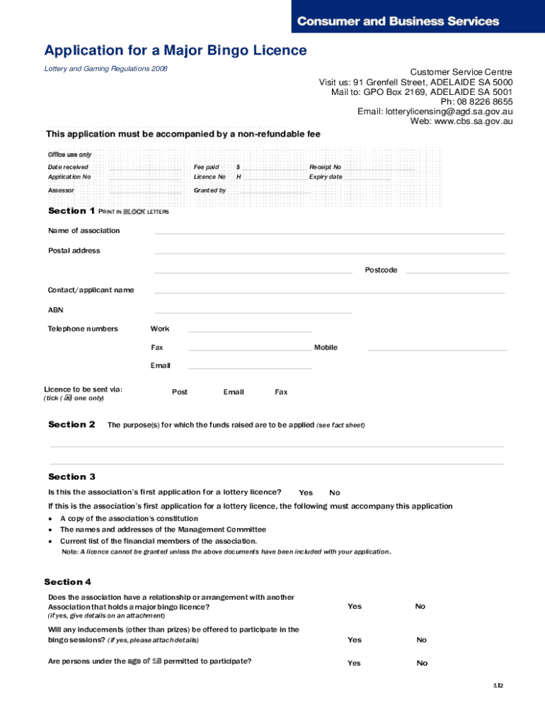 Fillable Online Major Bingo Licence Fact Sheet - Office of the Liquor ...