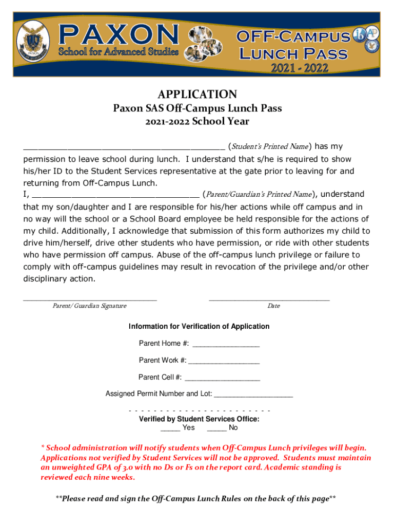 Fillable Online Off-Campus Lunch Pass Application Fax Email Print ...