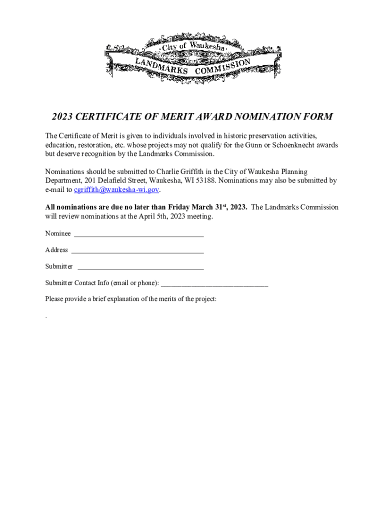 Fillable Online 2023 CERTIFICATE OF MERIT AWARD NOMINATION FORM Fax Email Print - pdfFiller