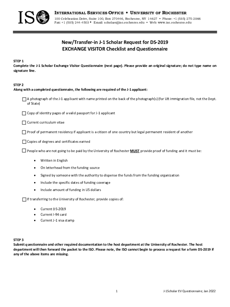 Fillable Online J-1 Scholar & Department Checklist: Transfer to UR request ... Fax Email Print ...