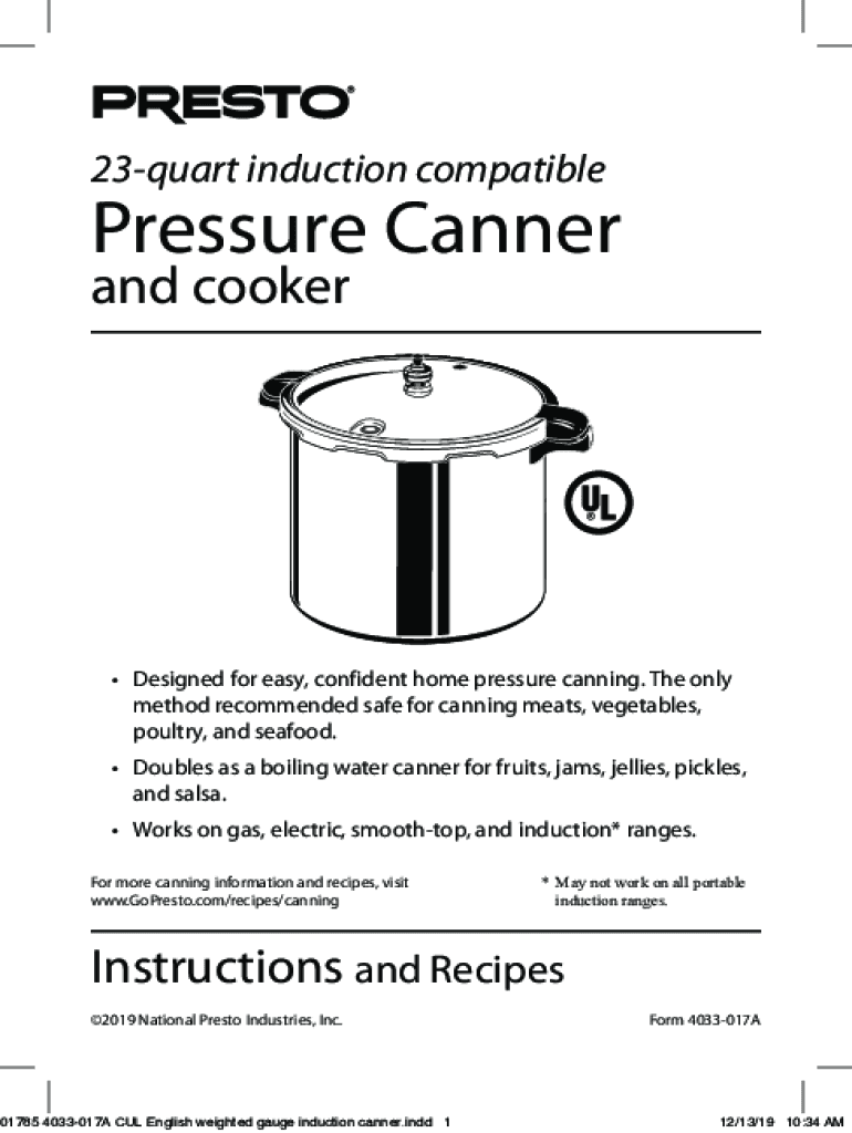 Fillable Online Presto 23 Quart Pressure Canner with Induction ... Fax ...